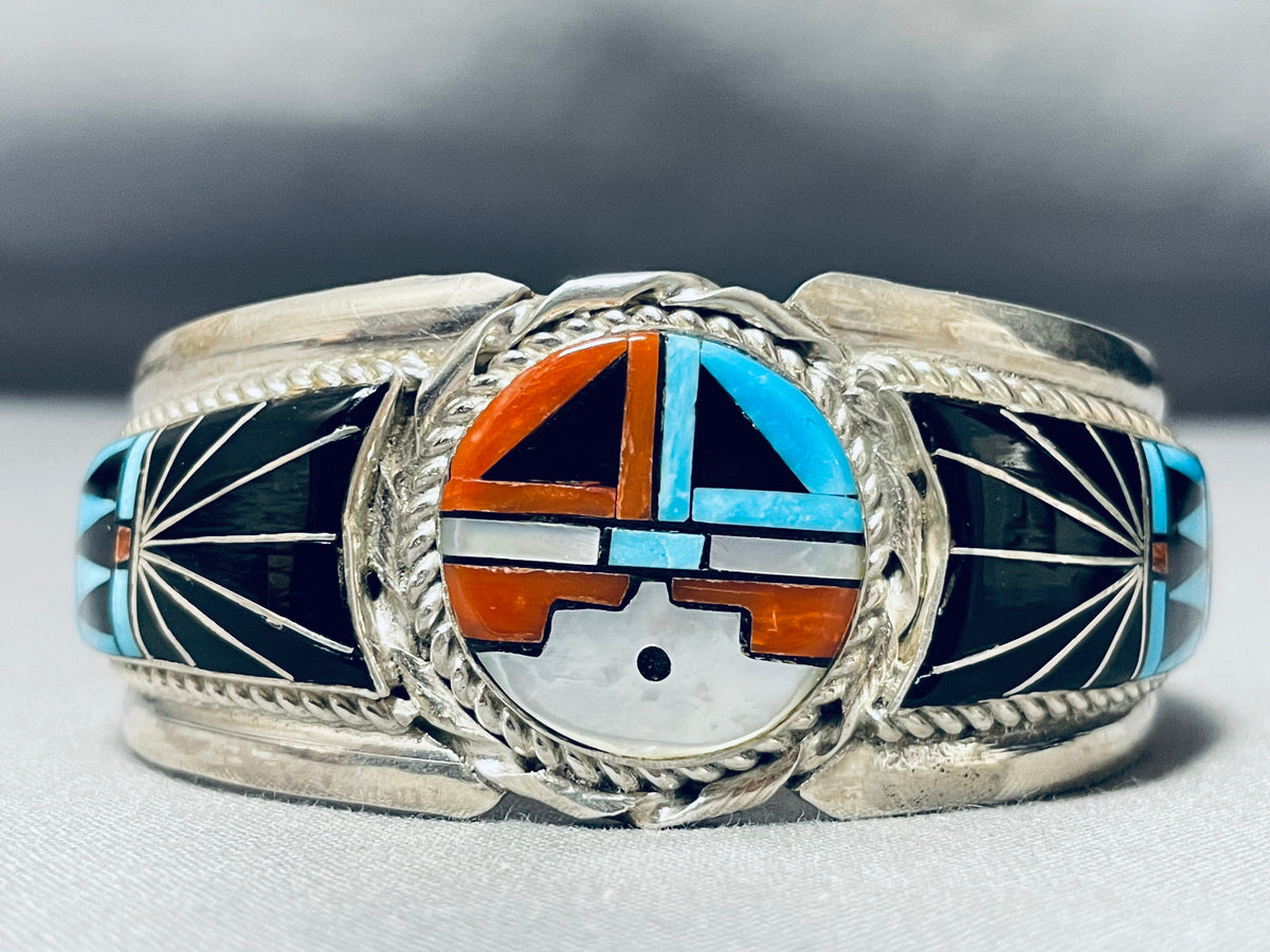Extreme Inlay Native American Zuni Turquoise Coral Sterling Silver Bra ...