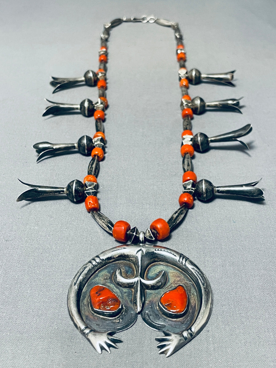 Native American Museum Vintage Chunk Coral Sterling Silver Torpedo Ope ...