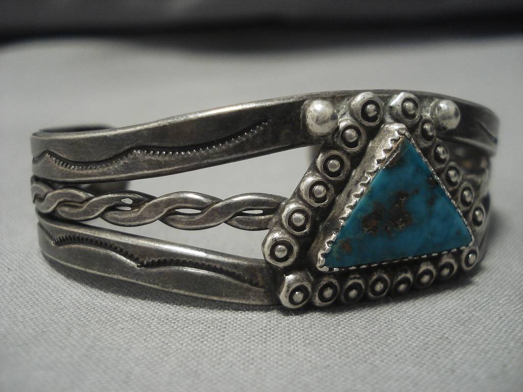 Opulent 1900's Vintage Native American Navajo Triangle Turquoise Sterl ...