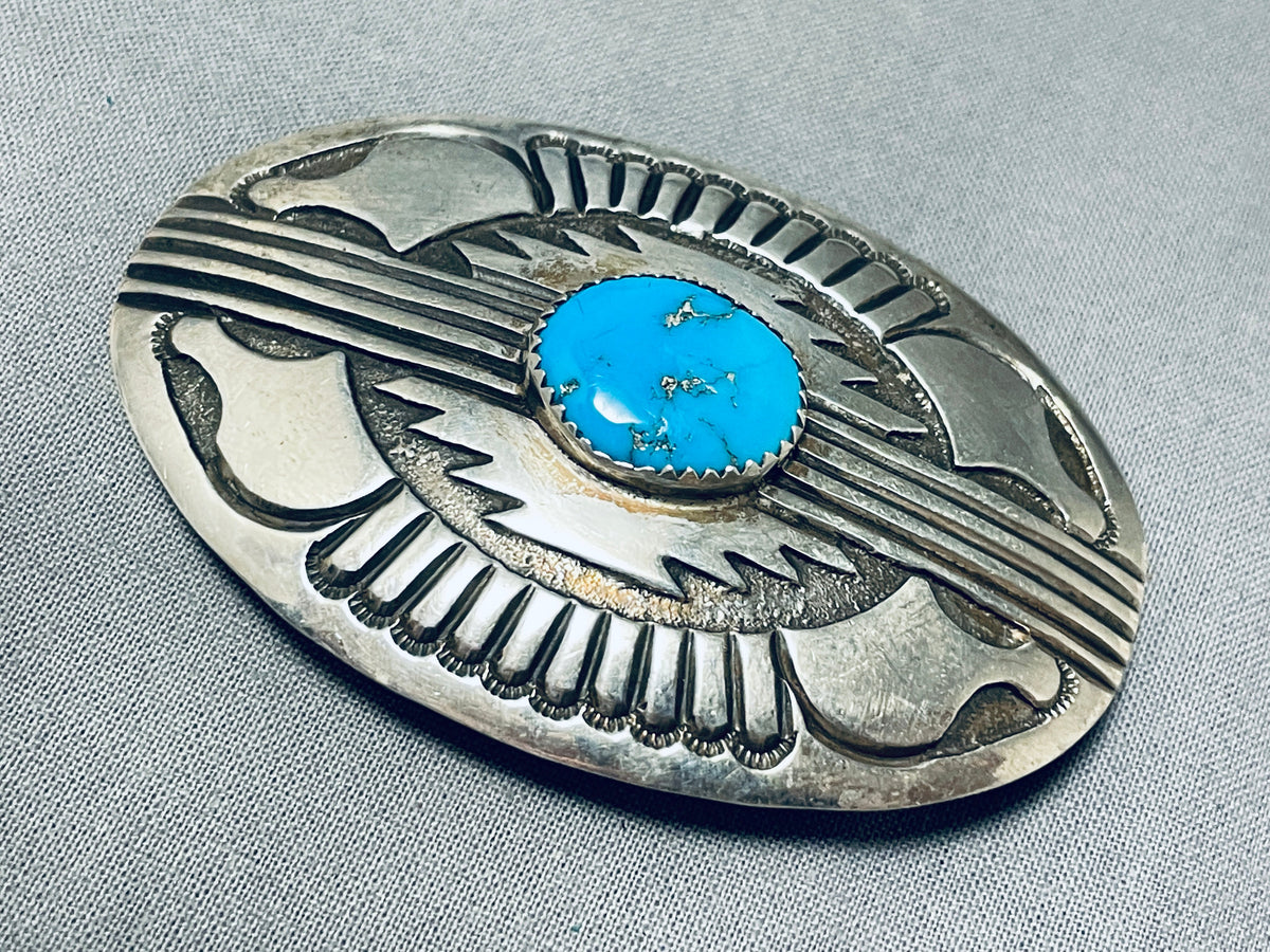 Signed Vintage Native American Navajo Blue Gem Turquoise Sterling Silv ...