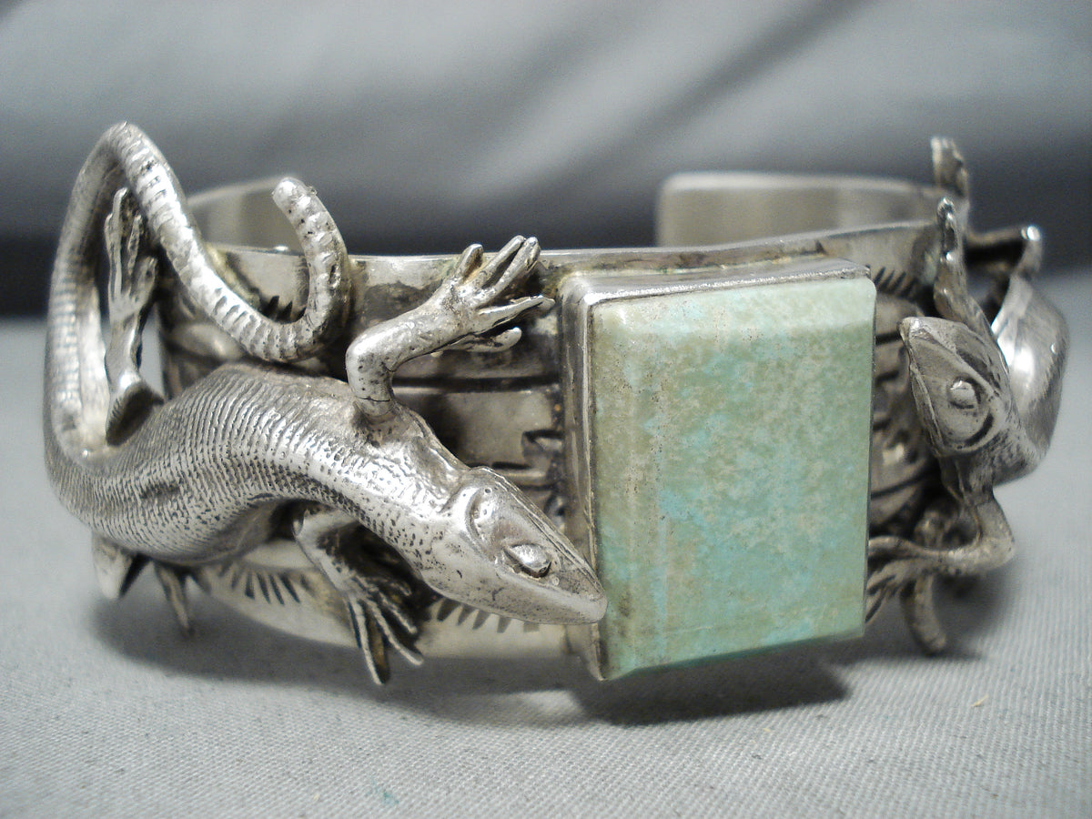 Signed Double Lizard Vintage Native American Navajo Green Turquoise St ...