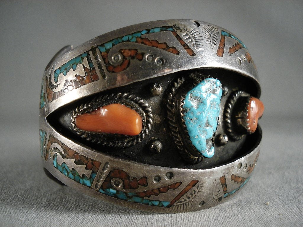 Absolutely Incredible Vintage Navajo Turquoise Coral Wave Native Ameri ...