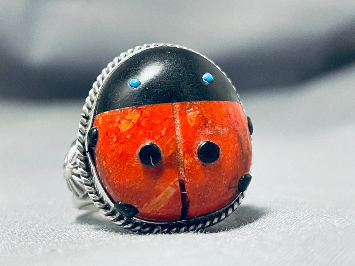 Marvelous Native American Navajo Coral Jet Ladybug Sterling Silver Ben ...