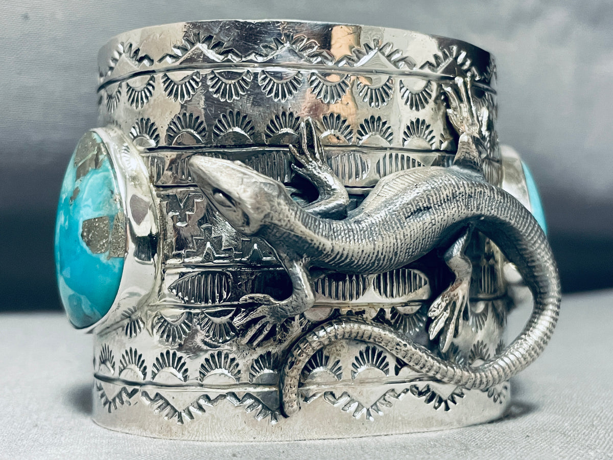 Highly Detailed Wide Native American Lizard Turquoise Sterling Silver ...