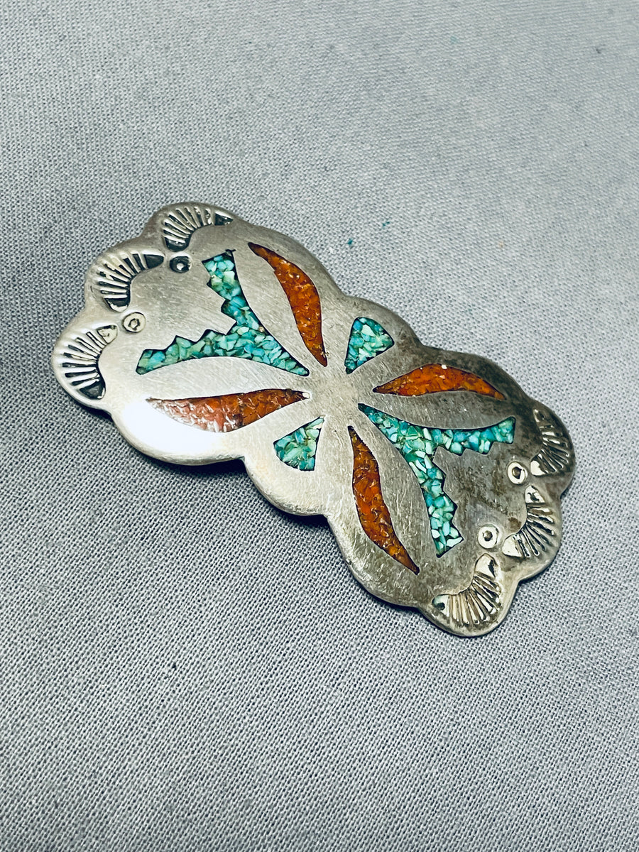 Spectacular Vintage Native American Navajo Turquoise Coral Chip Inlay ...