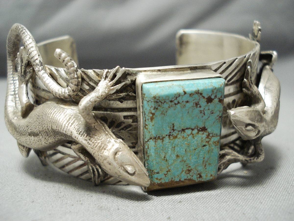 Detailed Lizard Native American Navajo #8 Turquoise Mine Sterling Silv ...