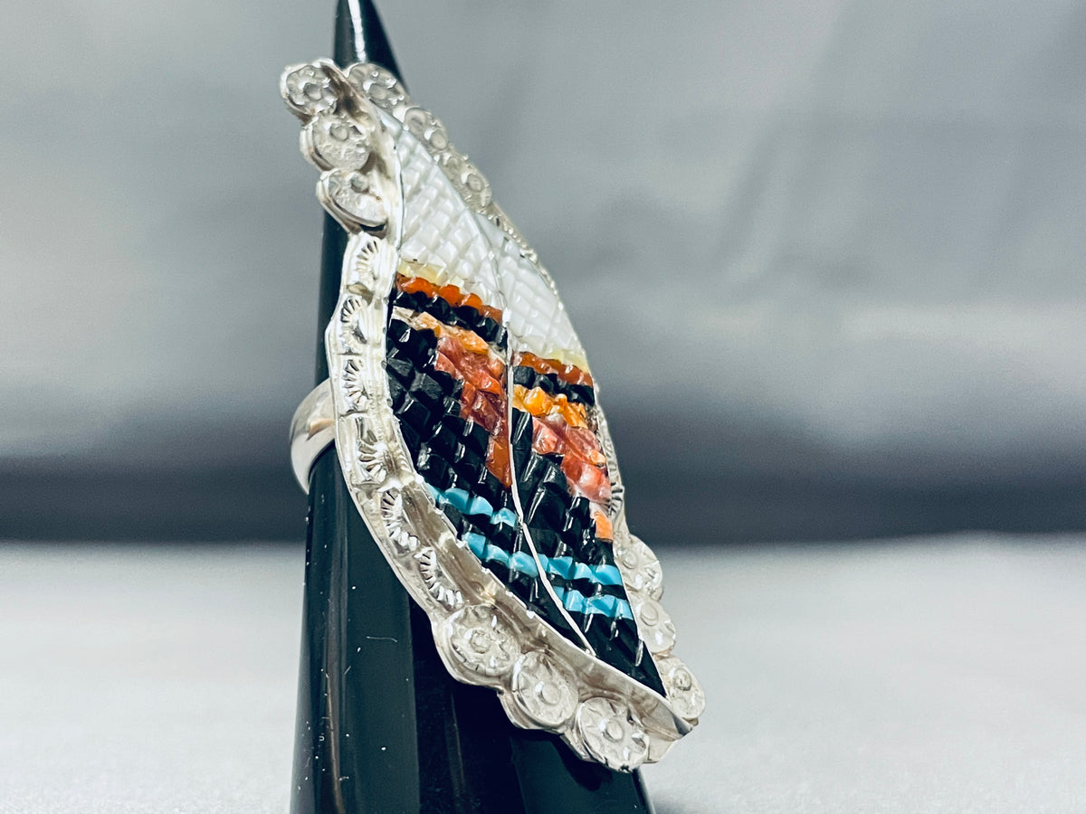 Dazzling Vintage Native American Zuni Textured Turquoise Coral Feather ...