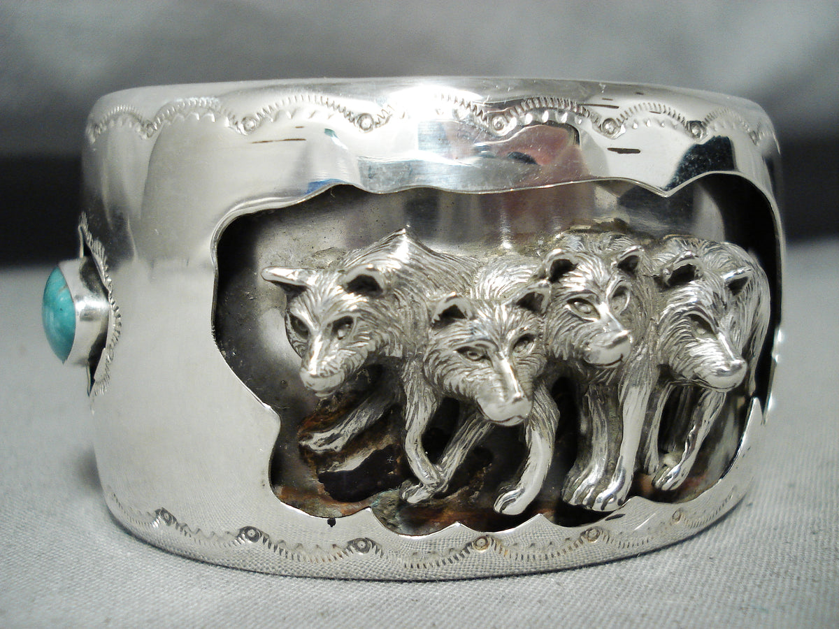 Wolfpack!! Detailed Native American Navajo Turquoise Sterling Silver B ...