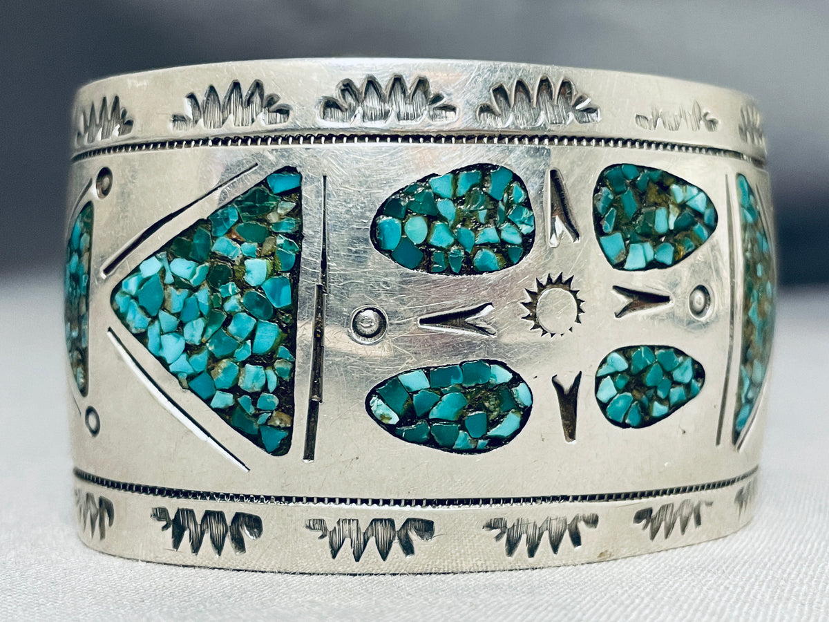 Exceptional Vintage Native American Navajo Turquoise Chip Inlay Sterli ...