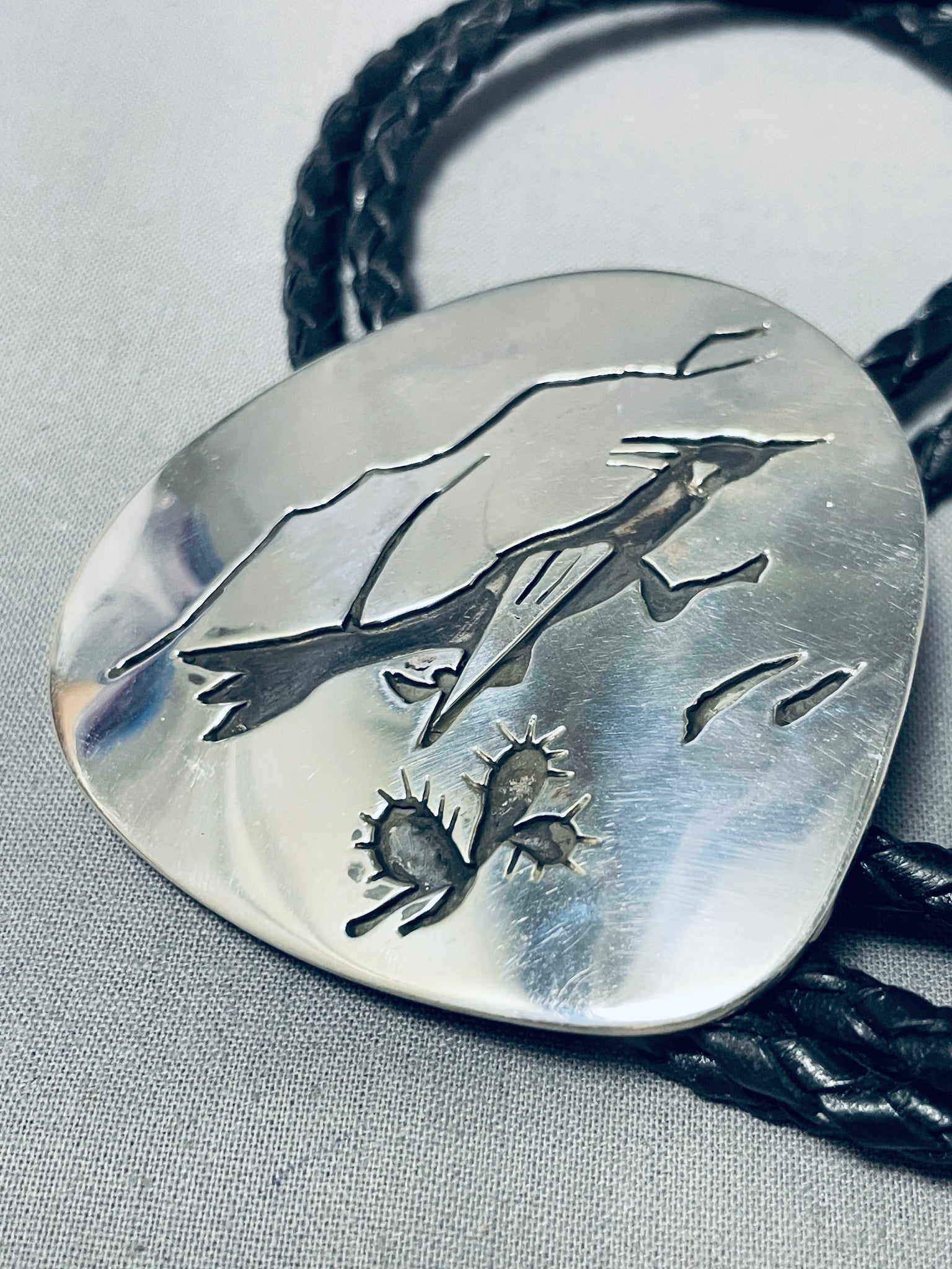 Impressive Native American Navajo Sterling Silver Roadrunner Bolo ...
