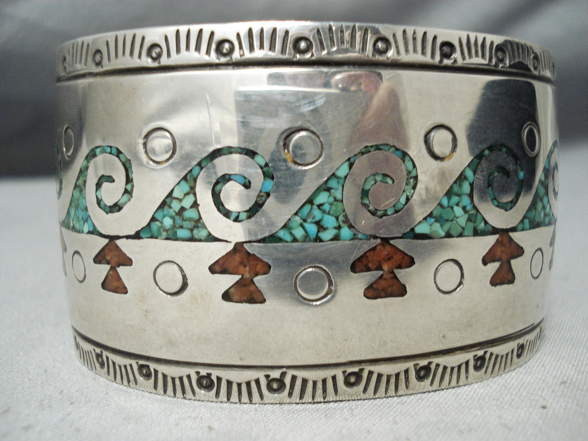 Wide Heavy Water Wave Vintage Native American Navajo Turquoise Coral S ...