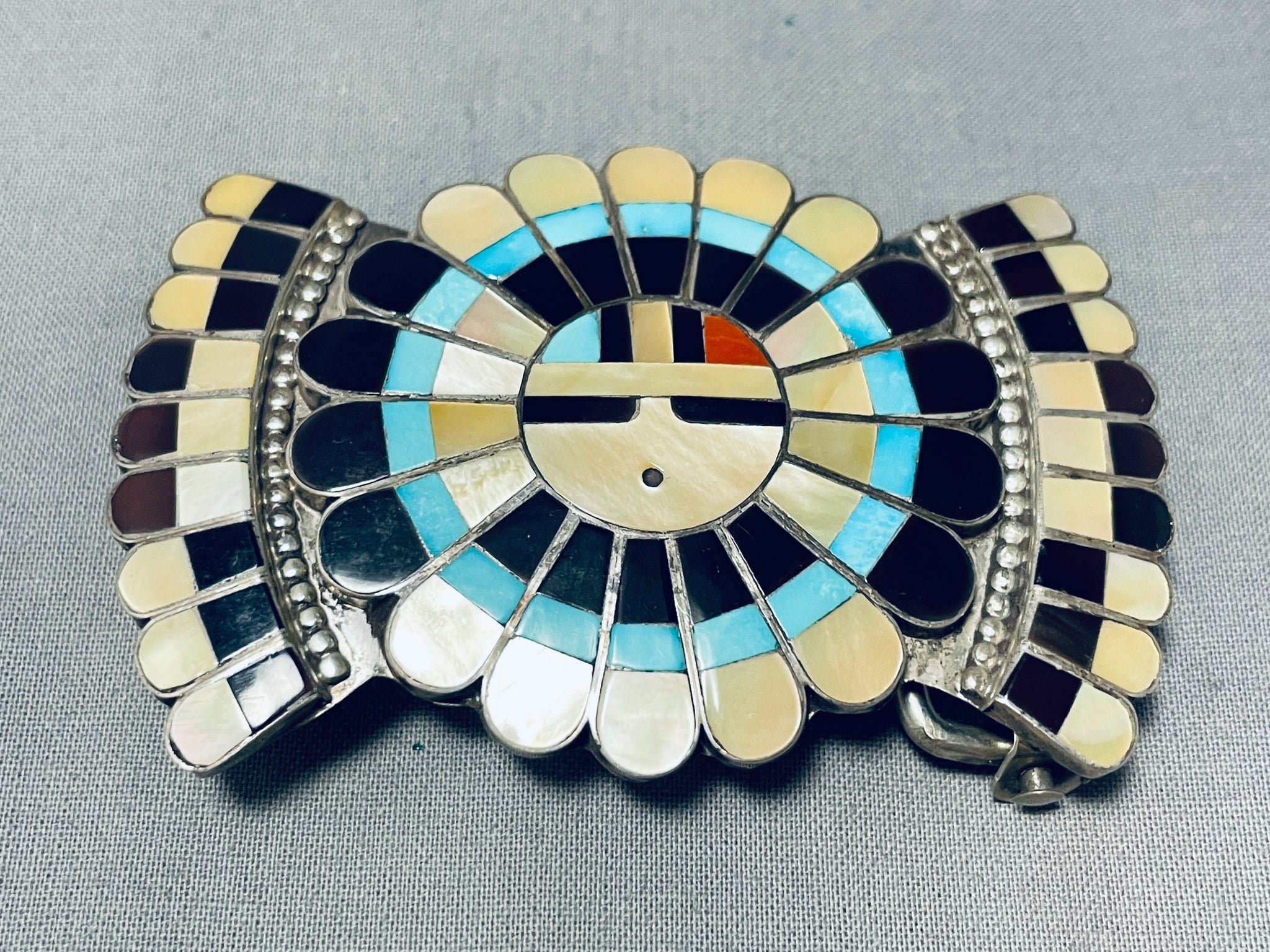 Massive Vintage Native American Zuni Inlay Turquoise Coral Jet Sunface ...