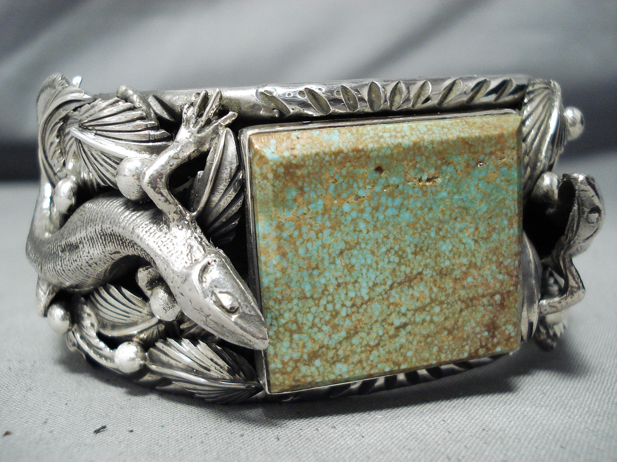 Heavy 184 Gram Native American #8 Turquoise Lizard Sterling Silver Bra ...