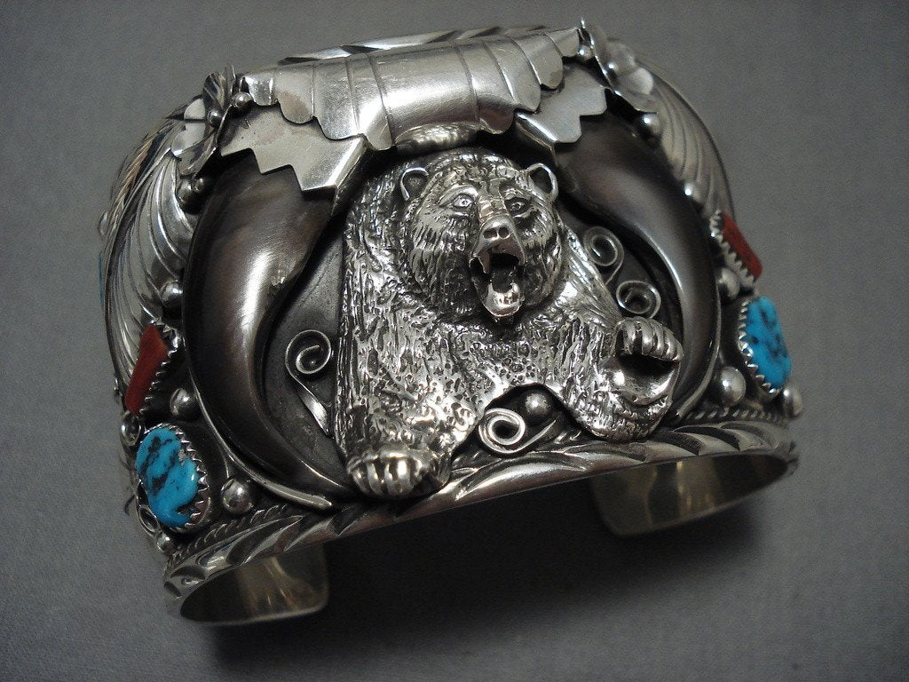 Huge Navajo 'Screaming Bear' Turquoise Coral Native American Jewelry S ...