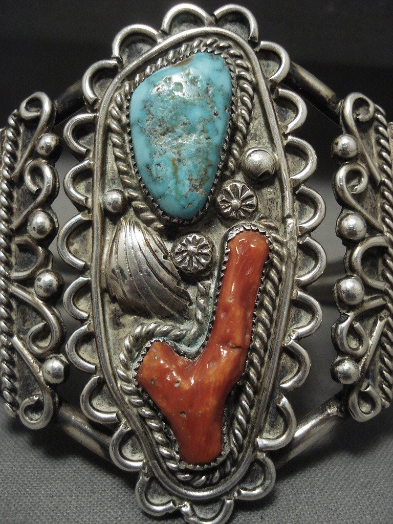 Huge Vintage Navajo Carlin Turquoise Coral Native American Jewelry Sil ...