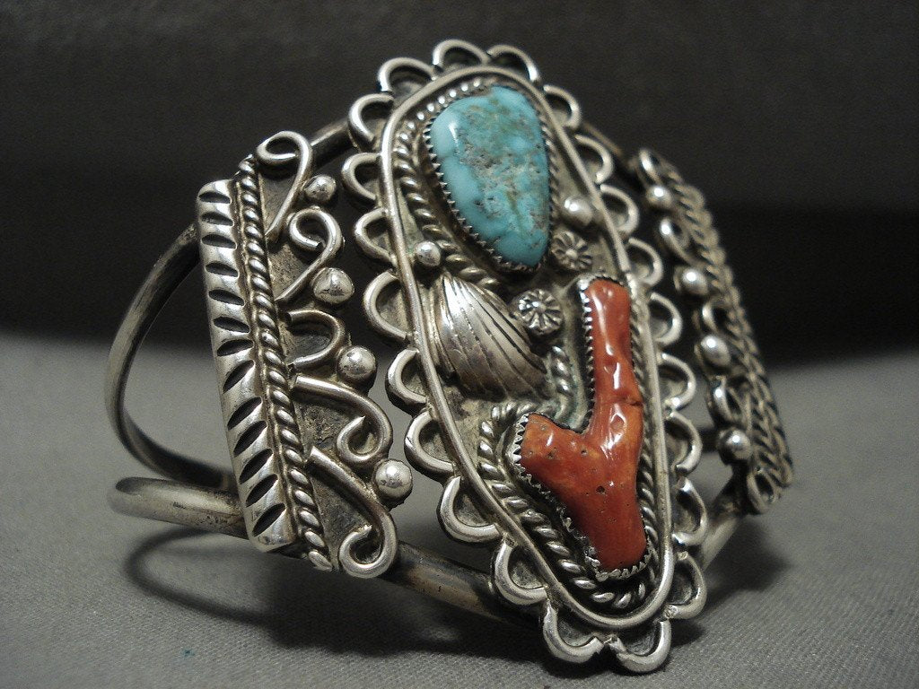 Huge Vintage Navajo Carlin Turquoise Coral Native American Jewelry Sil ...