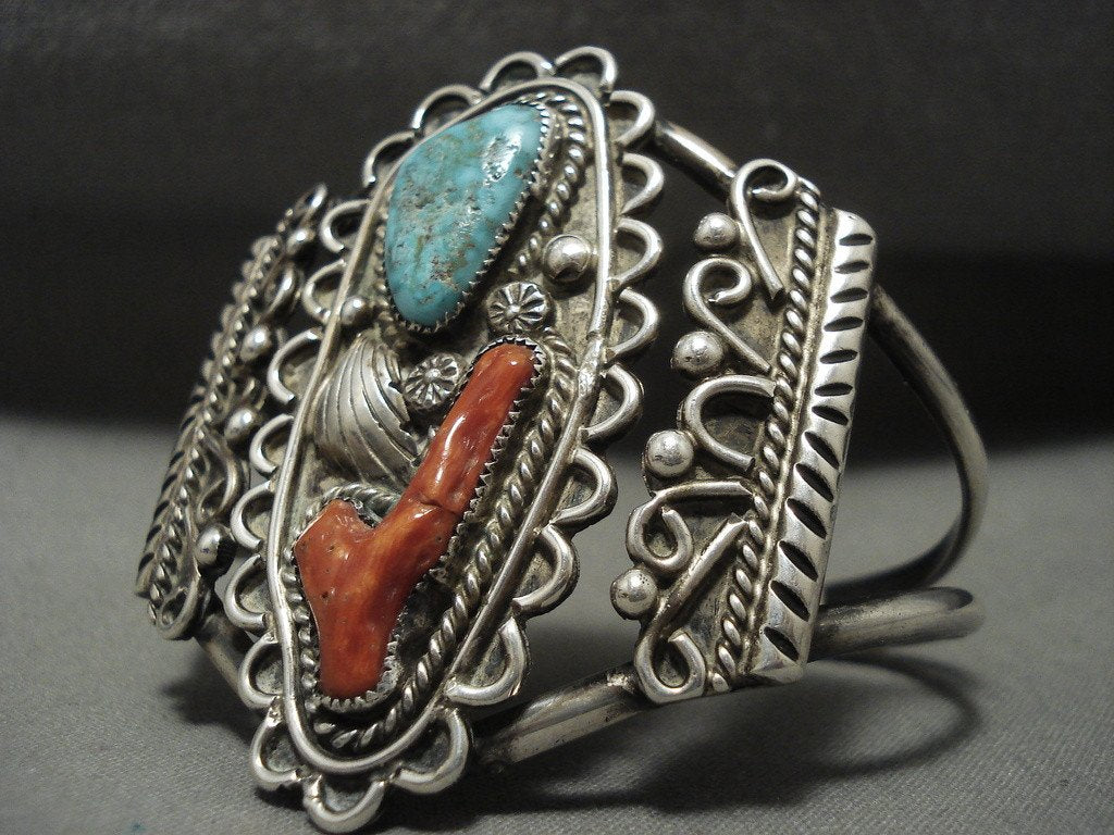 Huge Vintage Navajo Carlin Turquoise Coral Native American Jewelry Sil ...
