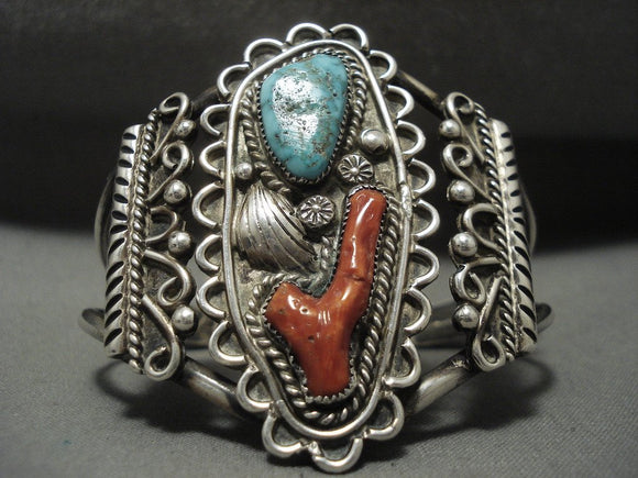 Huge Vintage Navajo Carlin Turquoise Coral Native American Jewelry Sil ...