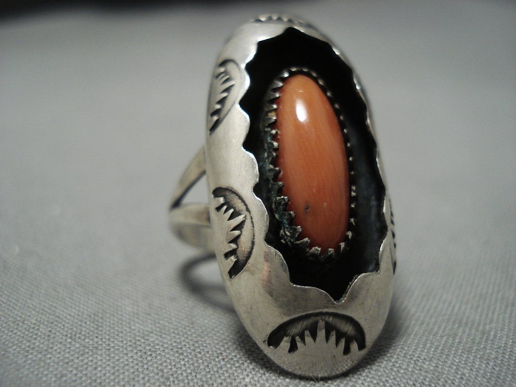 Huge Vintage Navajo Coral Sterling Silver Native American Jewelry Ring ...