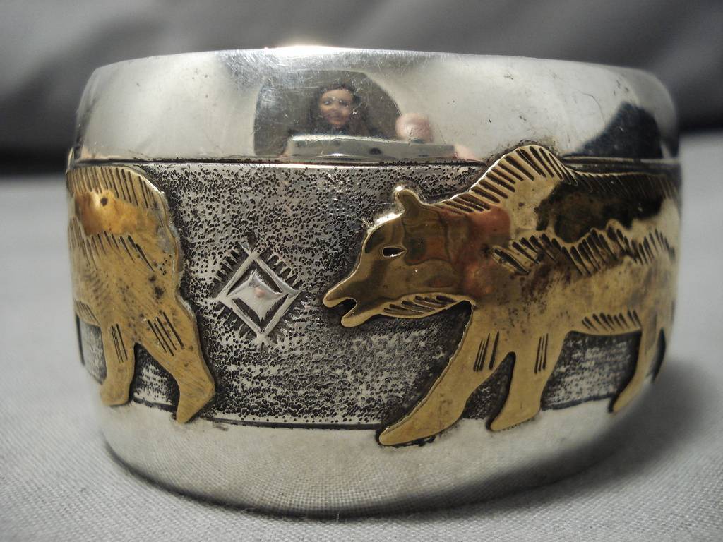 Important Vintage Navajo Wide Sterling Silver Bear Native American Bra ...