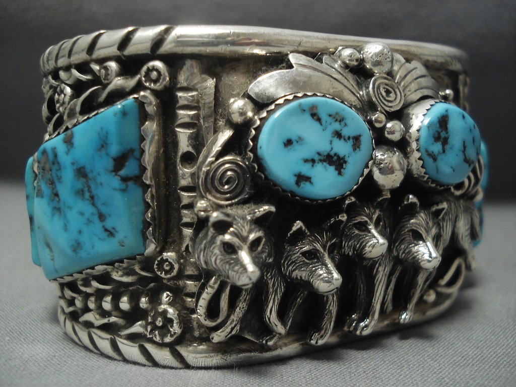 Opulent Vintage Navaj Wolf Pacl Turquoise Sterling Native American Jew ...