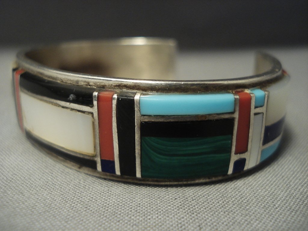 Superlative Vintage Navajo/ Zuni Turquoise 'Squared Inlay' Native Amer ...