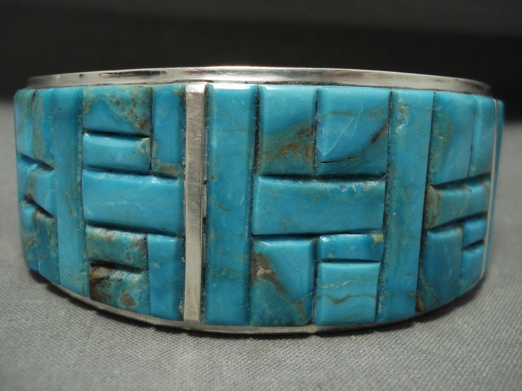 Very Rare Yazzie Turquoise Inlay Wide Native American Jewelry Silver B ...