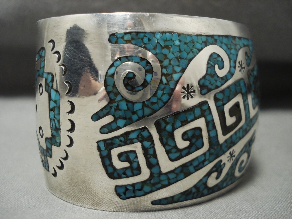Wide 'Waves Of Water' Turquoise Face Vintage Navajo Native American Je ...